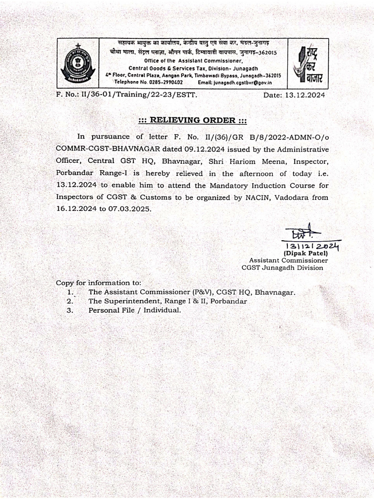 Relieving Order - Hariom Meena, Inspector | PDF