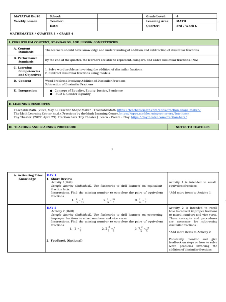MATH 4_DLL_Q3_WEEK 6 | PDF | Subtraction | Learning