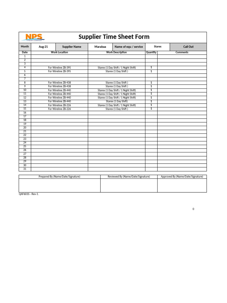 Supplier Time Sheet 2021 Aug | PDF