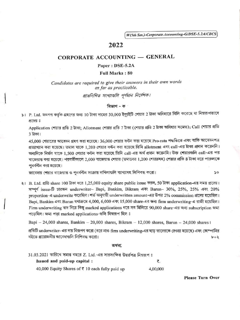 CU-2022 B. Com. (General) Corporate Accounting Semester-5 Paper-DSE-5 ...