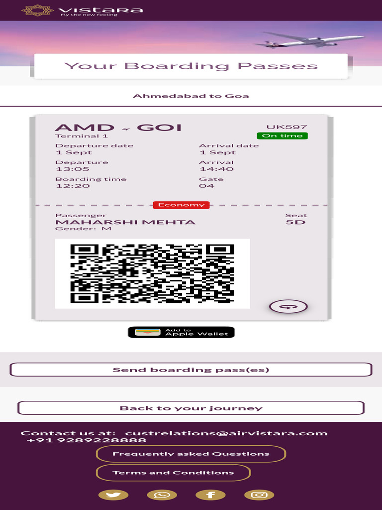 Air Vistara Boarding Pass Details | PDF