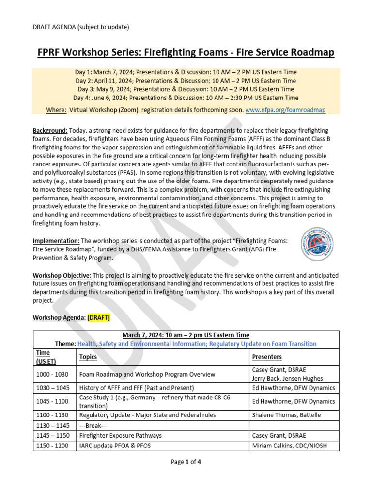 AGENDA-Firefighting Foams-Fire Service Roadmap Workshop | PDF | Safety | Occupational Safety And ...