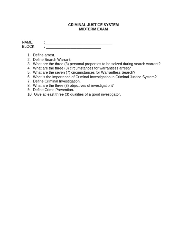Criminal Justice Midterm Exam Guide | PDF