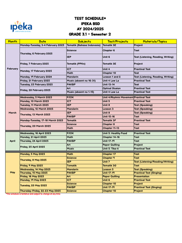 Grade 3.1 Test Schedule AY 2024/2025 | PDF
