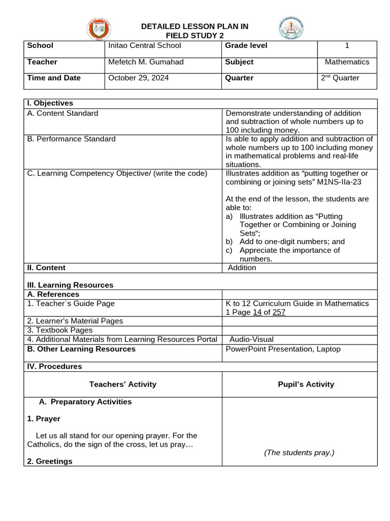 Grade 1 Lp Math | PDF | Teachers | Curriculum