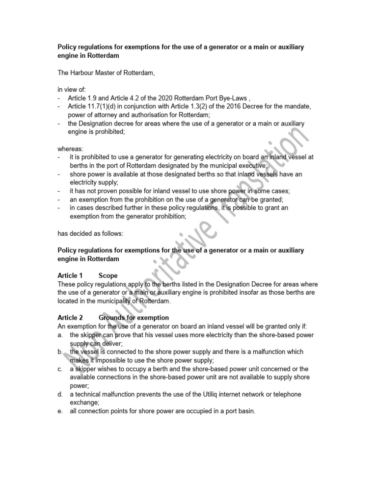 Policy Regulations For Exemptions For The Use of A Generator or A Main ...