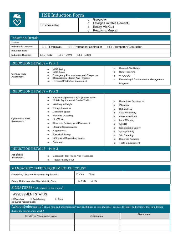 LEC QHSE Induction Form | PDF | Personal Protective Equipment | Labor ...