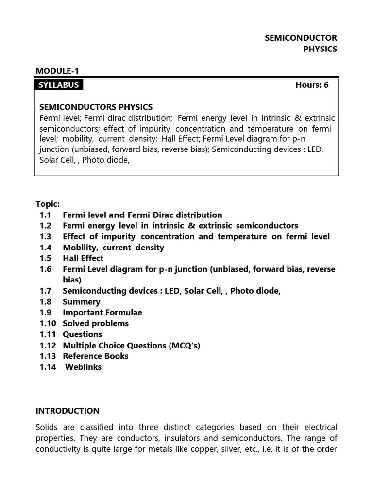 Mod - 1 SEMICONDUCTOR NOTES | PDF | Doping (Semiconductor) | Electrical ...