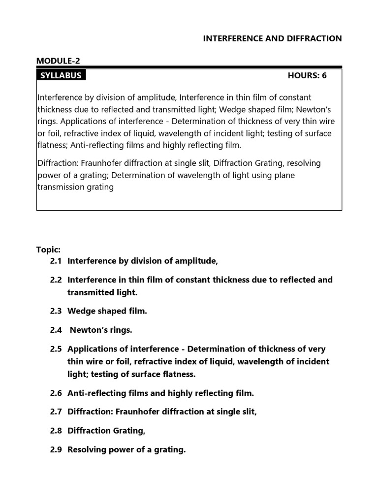 Mod - 2 INTERFERENCE AND DIFFRACTION | PDF | Diffraction | Optics