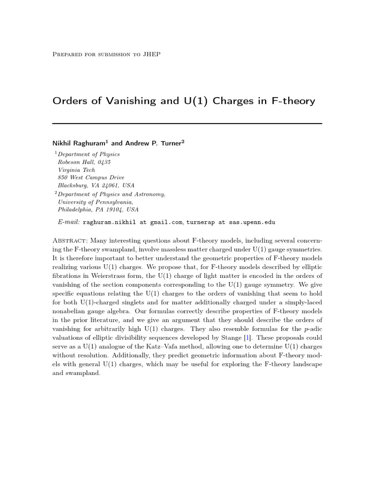 Orders of Vanishing and U (1) Charges in F-Theory | PDF | String Theory | Gauge Theory