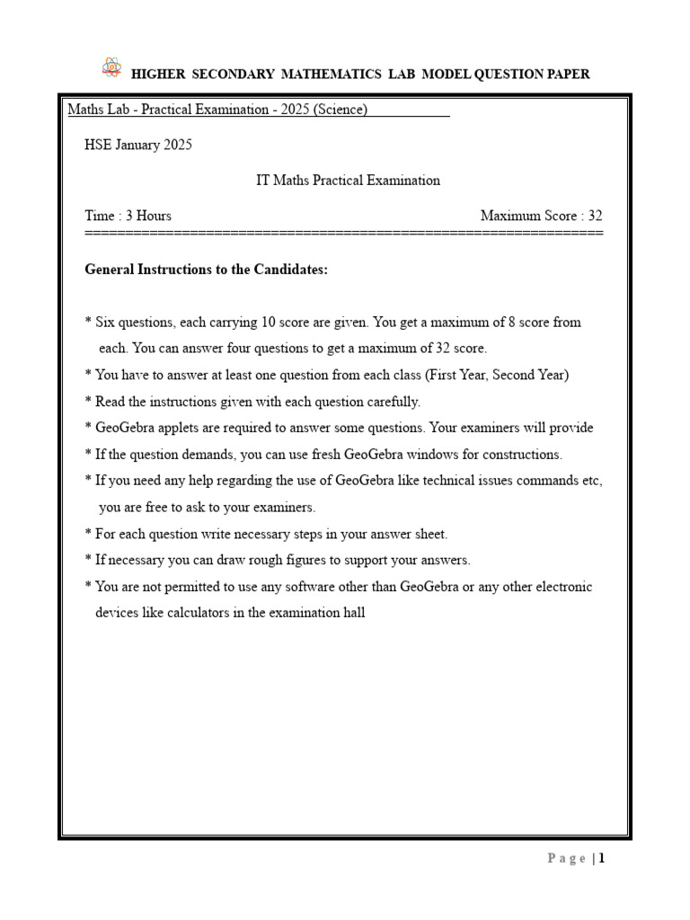 HSS Maths Lab Model Question Paper 2025 | PDF | Area | Function ...