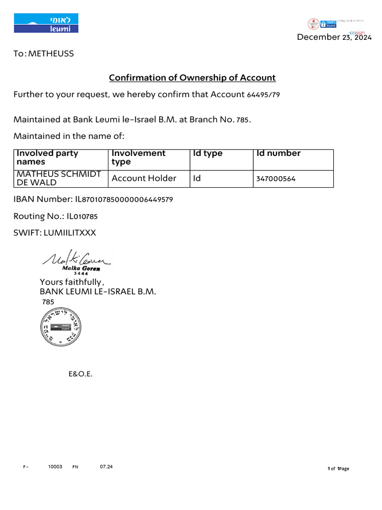 Bank Account Ownership Confirmation | PDF