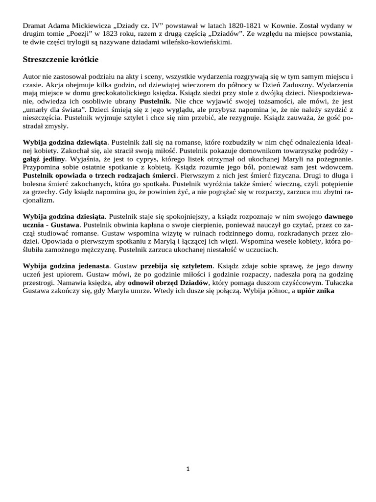 Dziady CZ - IV Streszczenie | PDF