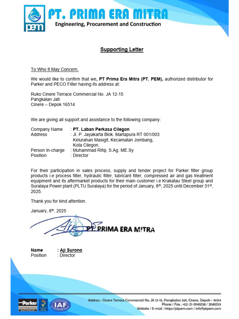 Supporting Letter for PT Laban Perkasa | PDF