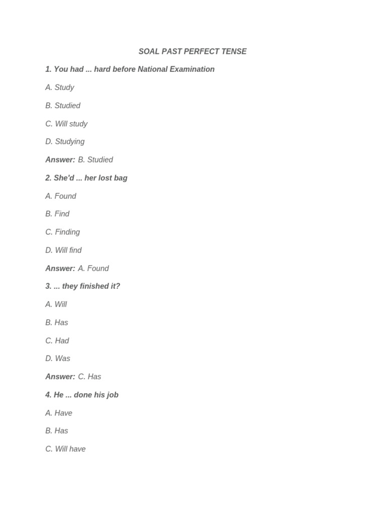 Past Perfect Tense Practice Questions | PDF