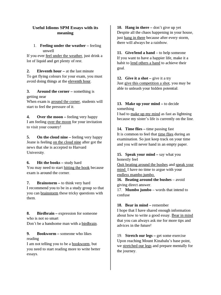 Useful Idioms SPM Essays With Its Meaning | PDF