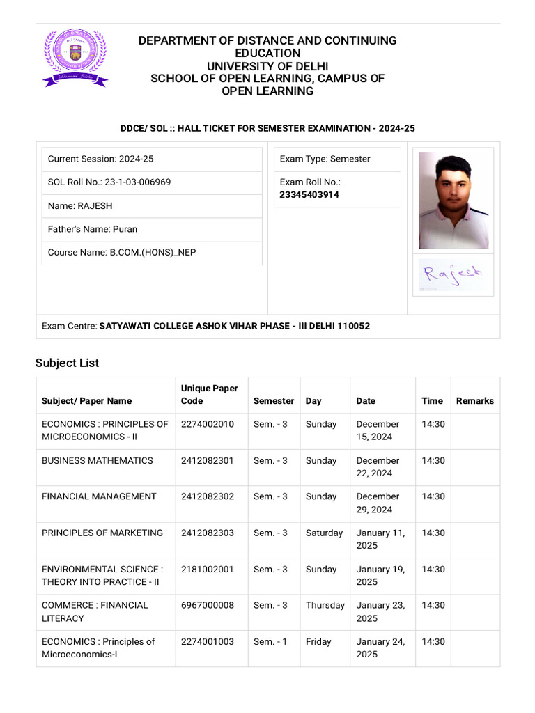 Ddce - Sol - Hall Ticket For Semester Examination - 2024-25 | PDF