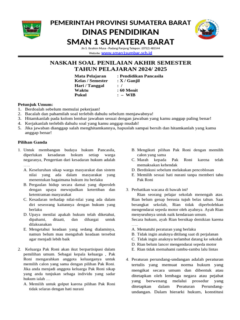 Soal Sumatif Kelas X PKN | PDF