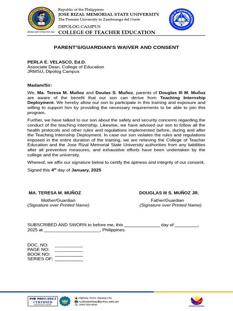 Parents Waiver and Consent Template | PDF
