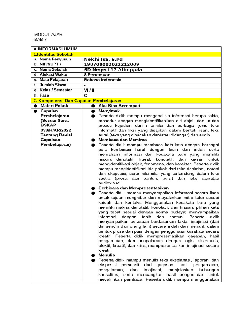 Modul Ajar Bab 7 Bindo | PDF