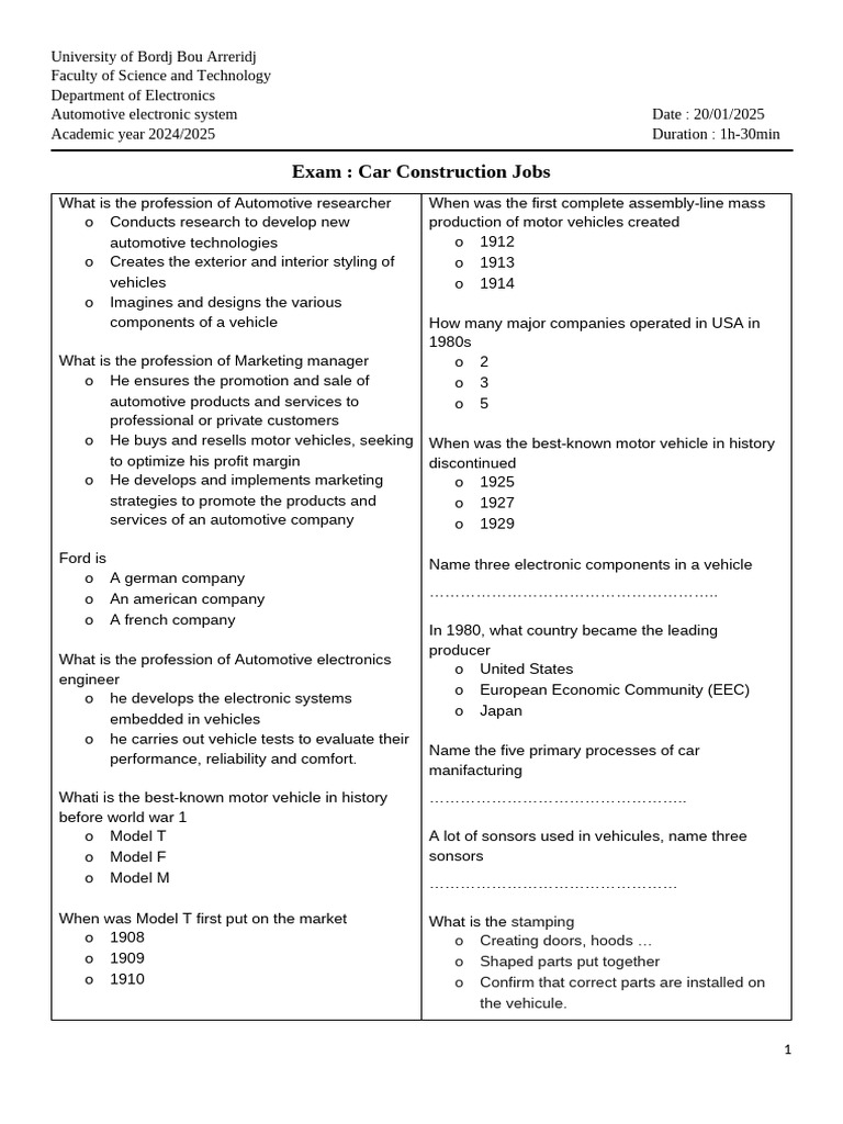 Examen Les Métiers en Construction Automobile | PDF | Automotive ...