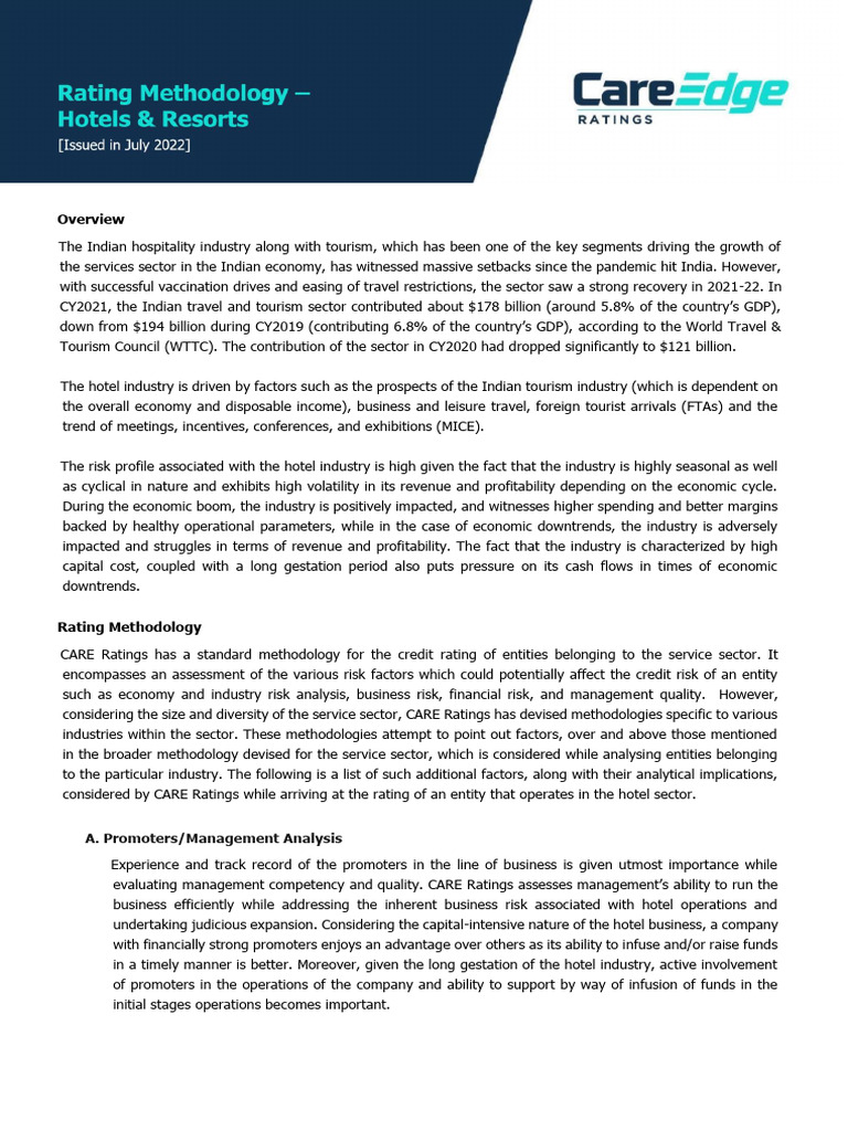 Indian Hotel Sector Rating Methodology | PDF | Debt | Tourism