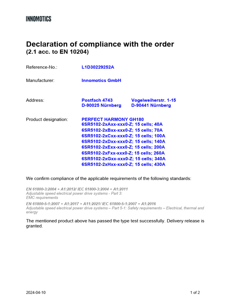 IN PLM - Declaration of Compliance Acc. EN10204 - Werksbescheinigung ...