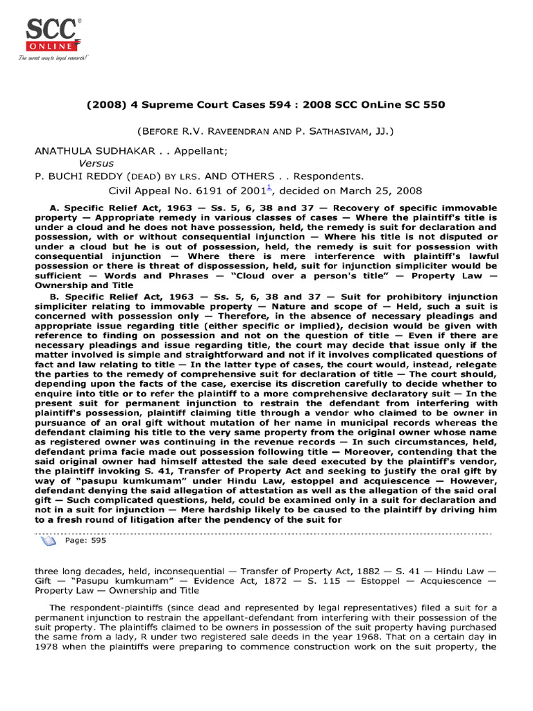 Anathula Sudhakar v. P Buchi Reddy - No Suit For Permanent Injunction Without Clear Title | PDF ...