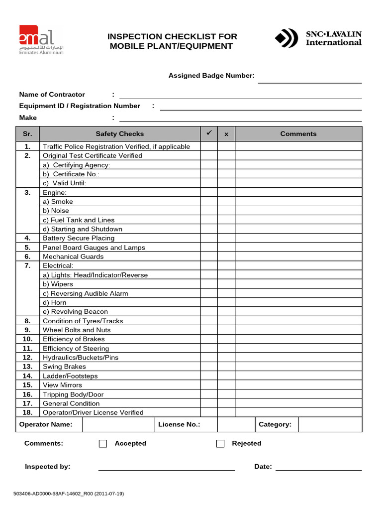 Inspection Checklist For Mobile Plant/Equipment: 503406-AD0000-68AF ...