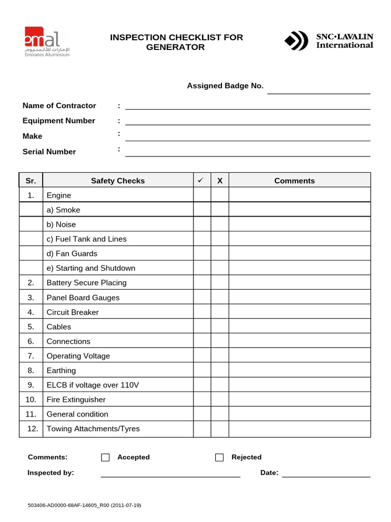 Inspection Checklist For Generator: Assigned Badge No. Name of ...