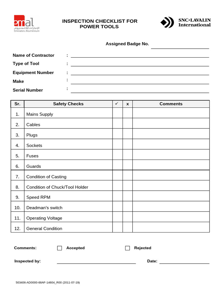Inspection Checklist For Power Tools | PDF