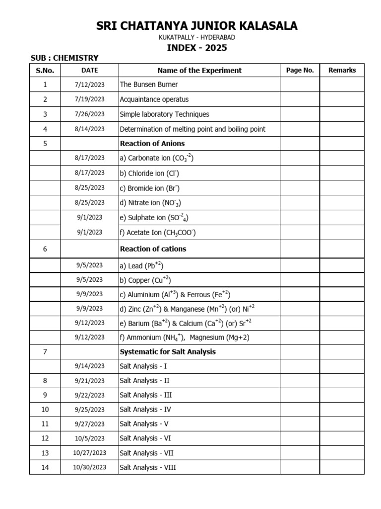 Chemistry Experiment Index 2025 | PDF | Salt (Chemistry) | Ammonium