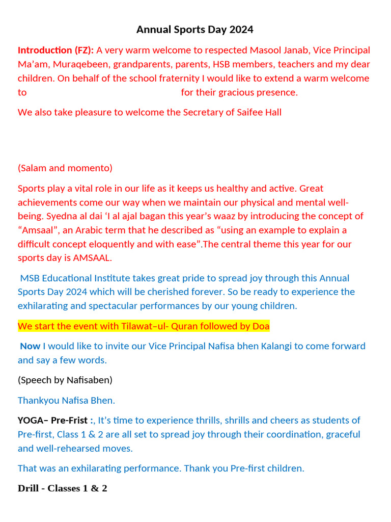 Emcee Script Sports Day 24-25 | PDF