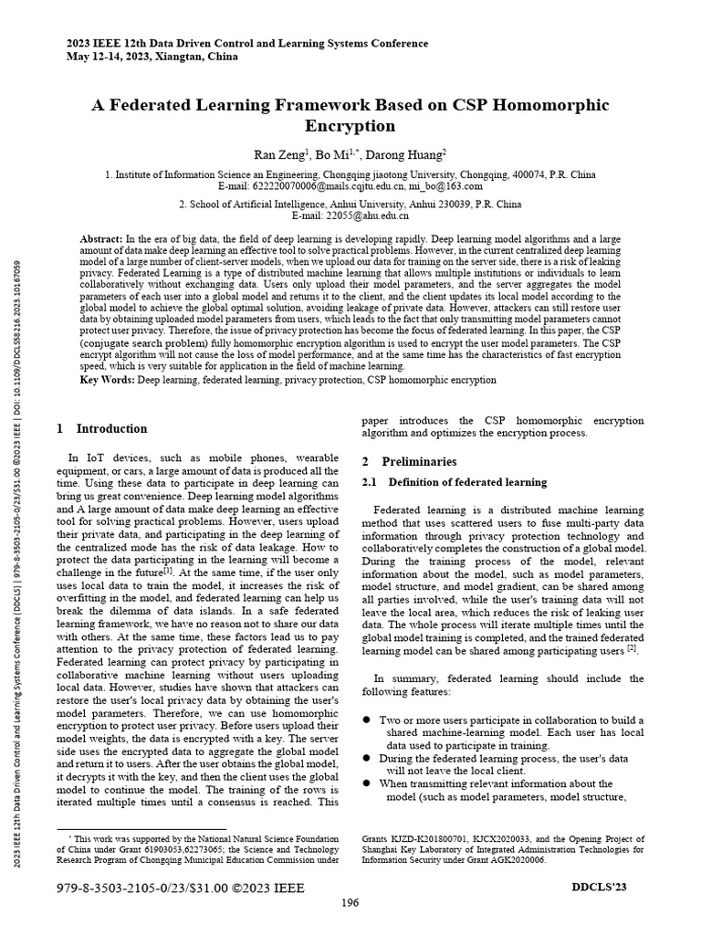 A Federated Learning Framework Based on CSP Homomorphic Encryption (1) | PDF | Encryption ...