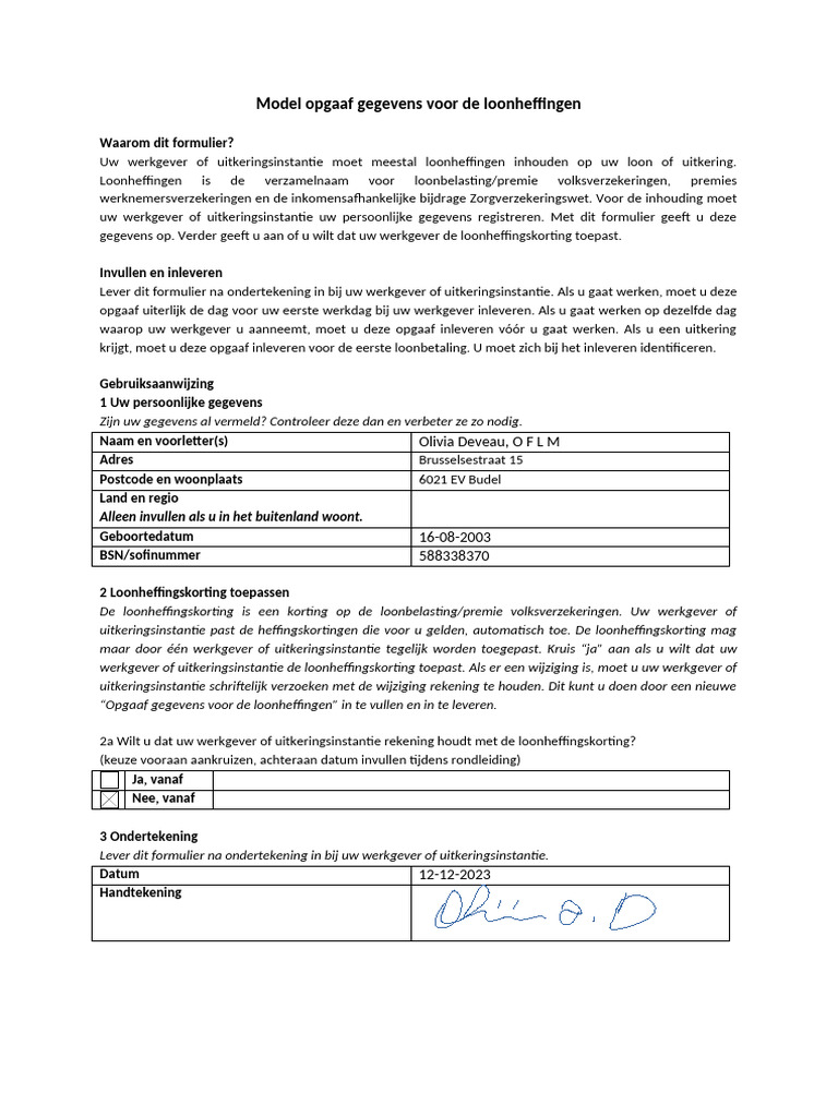 Engels Invulformulier Loonheffingen Verklaring Ingevuld | PDF