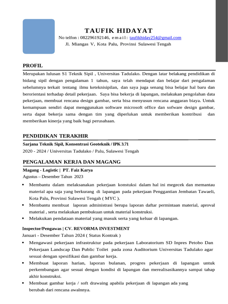 CV Taufik Hidayat: Teknik Sipil | PDF