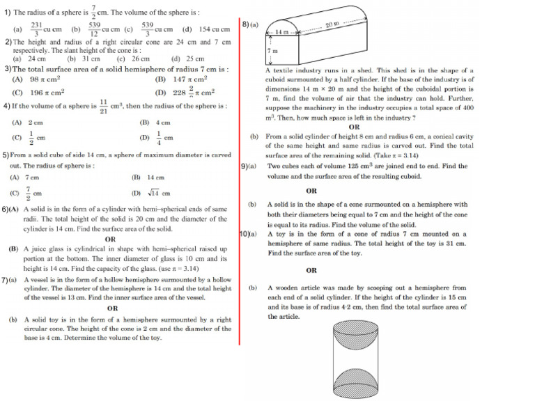 Surface Areas & Volumes (X) Previous Board Questions | PDF