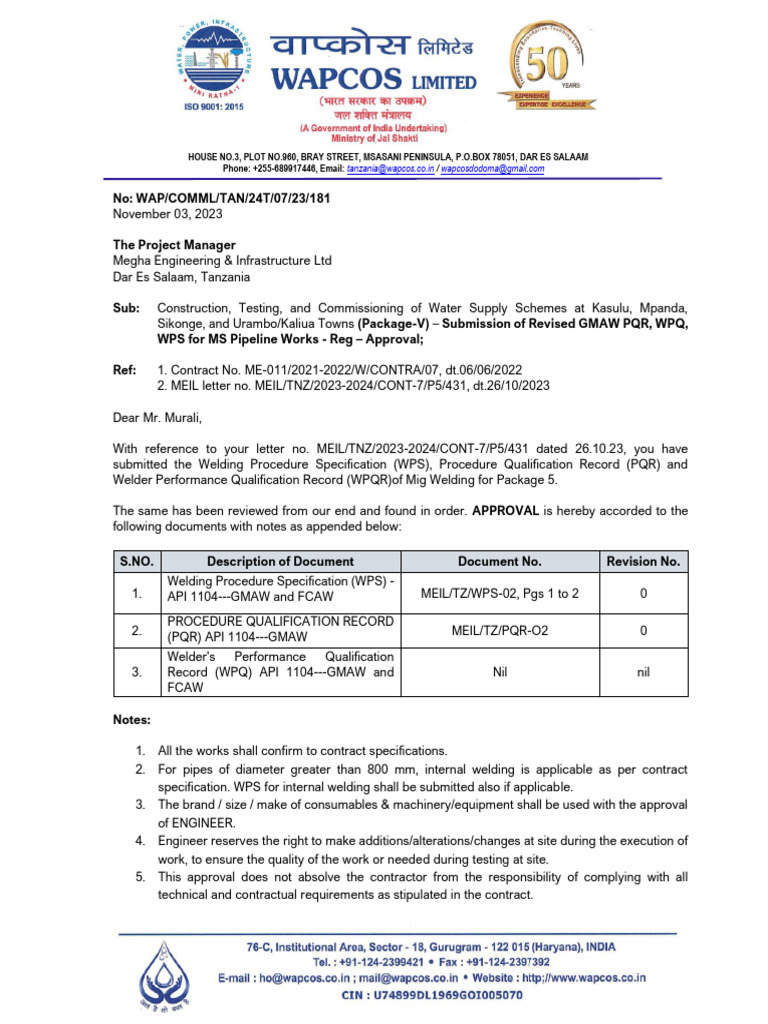 181_23_Submission of Revised GMAW PQR, WPQ, WPS for MS Pipeline Works ...