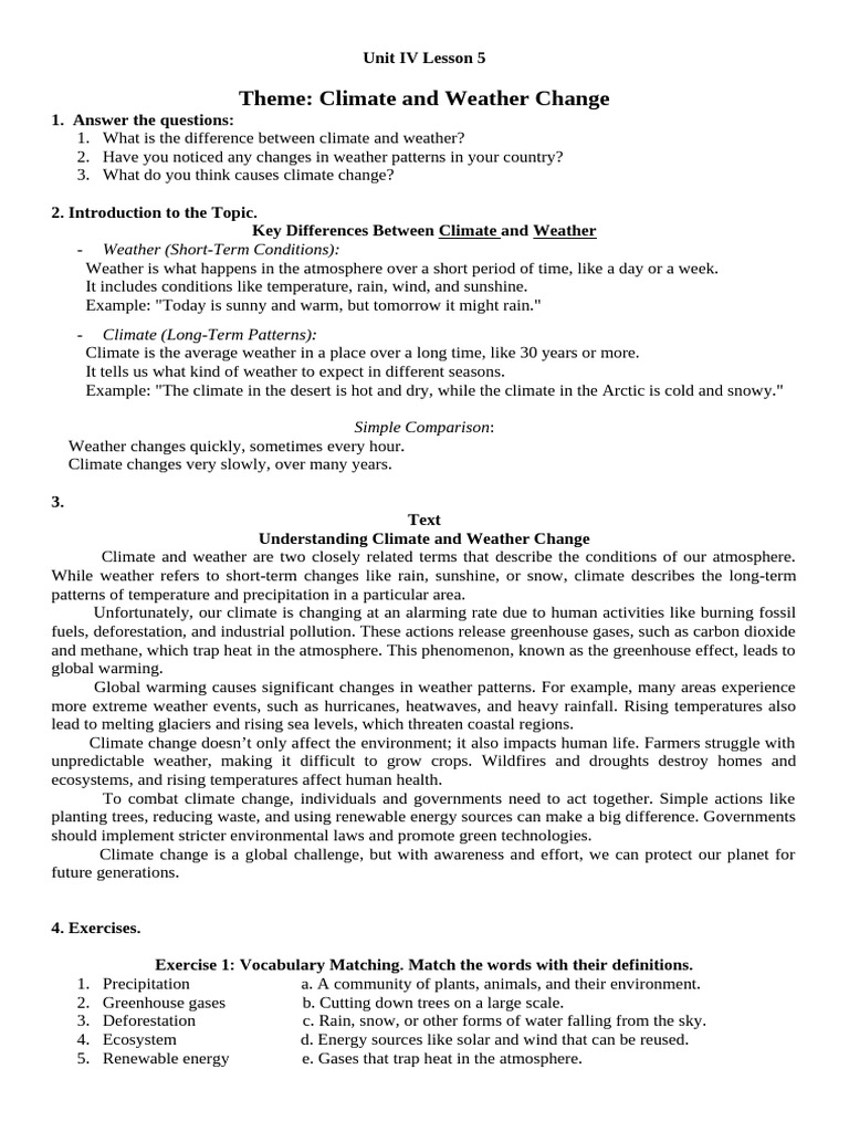 Unit IV Les 5 - Climate and Weather Change - For Students | PDF ...