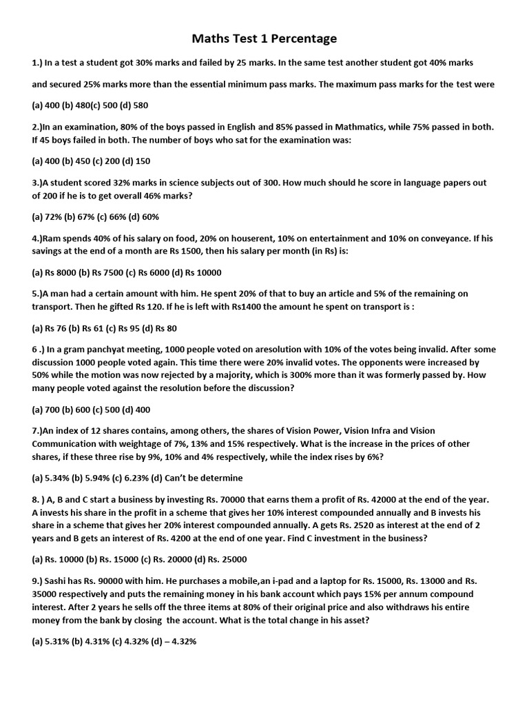 Maths Test-1 Percentage SSC | PDF | Interest | Expense