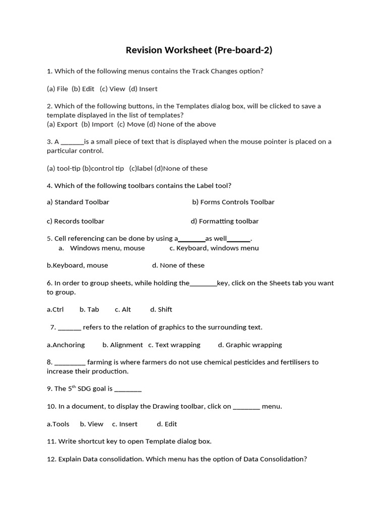 Revision Worksheet (PreBoard-2) | PDF