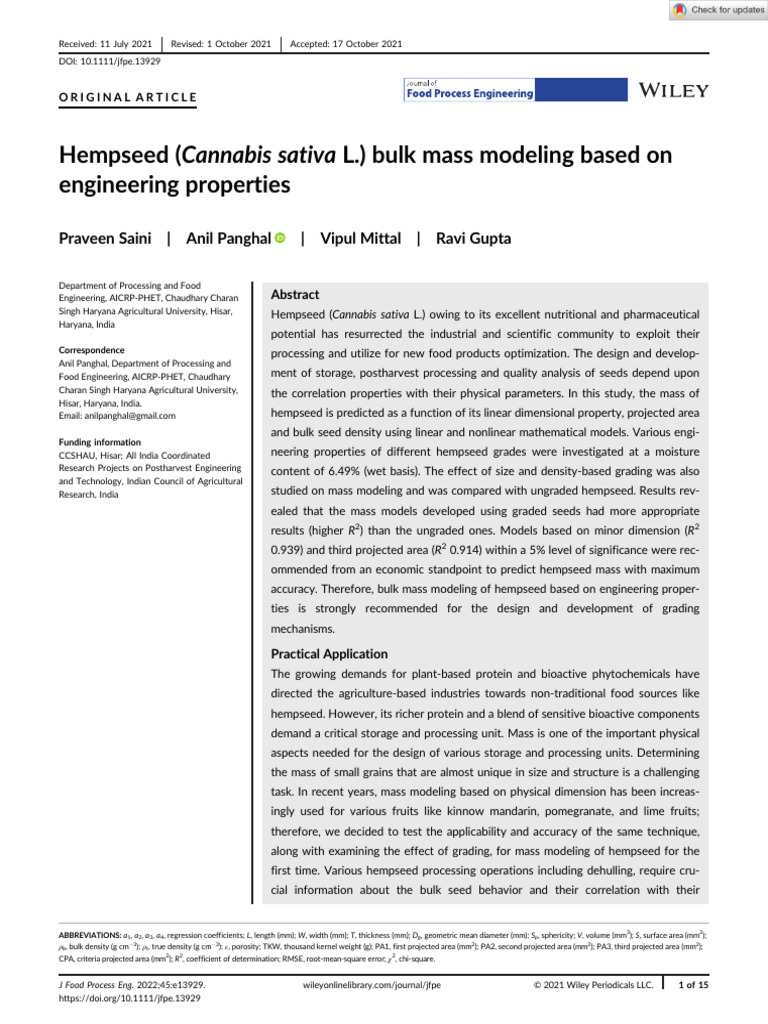 J Food Process Engineering - 2021 - Saini - Hempseed Cannabis Sativa L ...