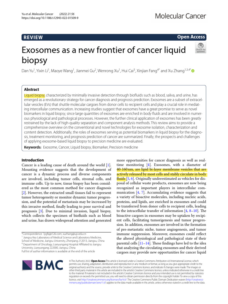 13 - Exosomes as a new frontier of cancer liquid biopsy | PDF | Centrifugation | Microscopy