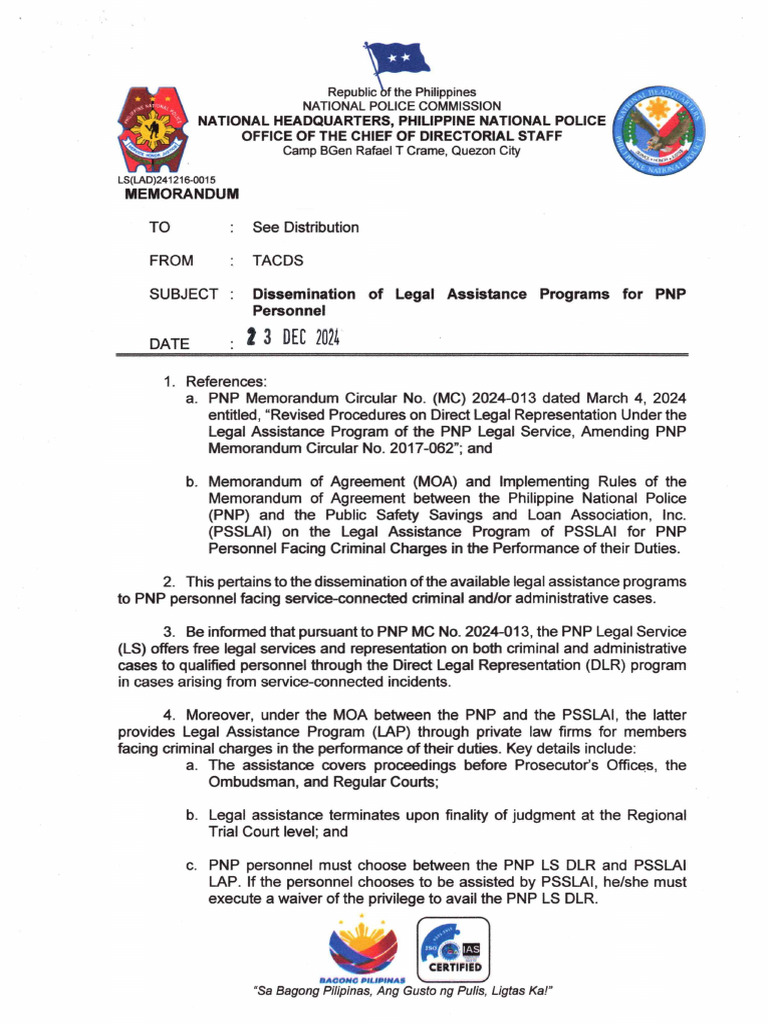 Dissemination of Legal Assistance Programs For PNP Personne | PDF