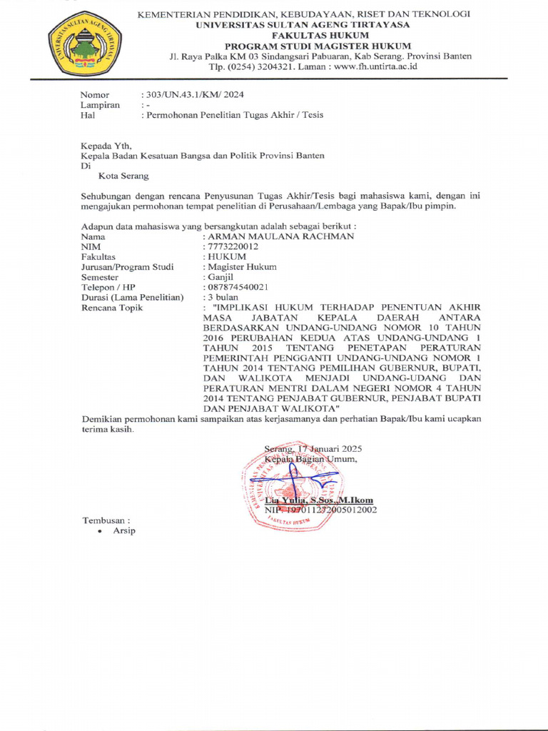 Surat Izin Penelitian Arman Maulana R-1 | PDF