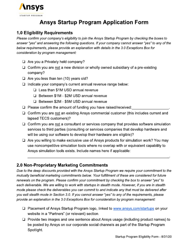Ansys Startup Application Form | PDF