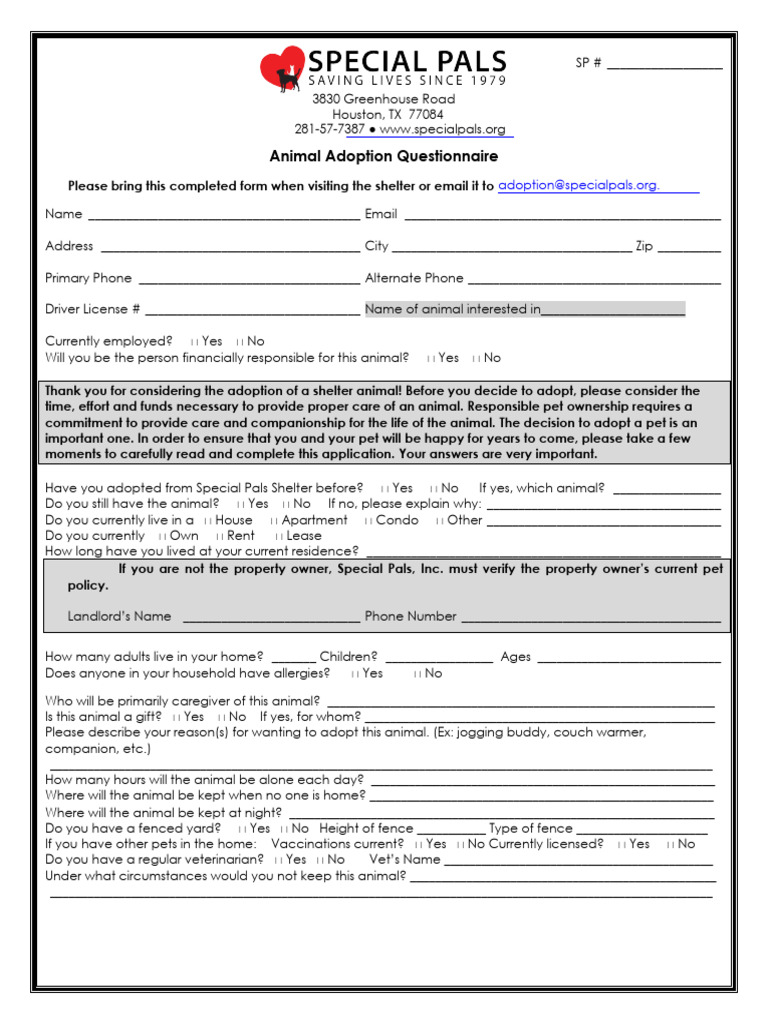 Fillable Adoption Form 1 1 | PDF | Pet | Animals And Humans
