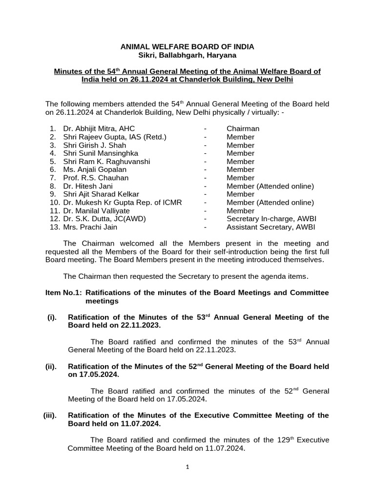 AWBI 54th AGM Minutes Summary | PDF | Ratification