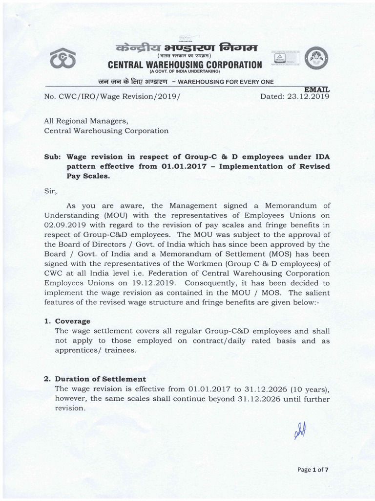 Wage Revision C & D Implementation Circular 23.12.2019 | PDF | Employee ...