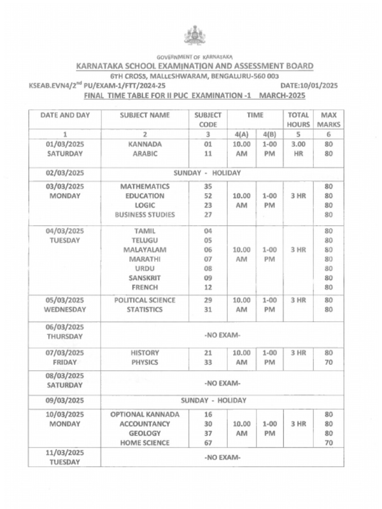 Board Exams Time Table | PDF